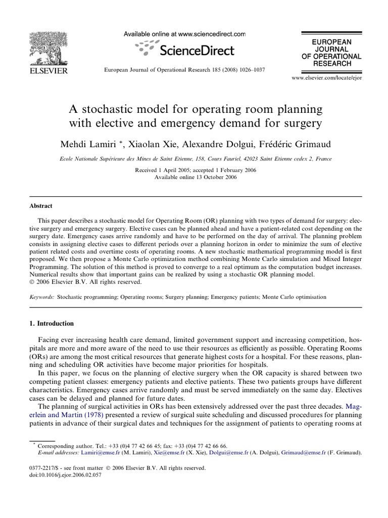 A Stochastic Model For Operating Room PL | PDF | Mathematical Optimization | Monte Carlo Method