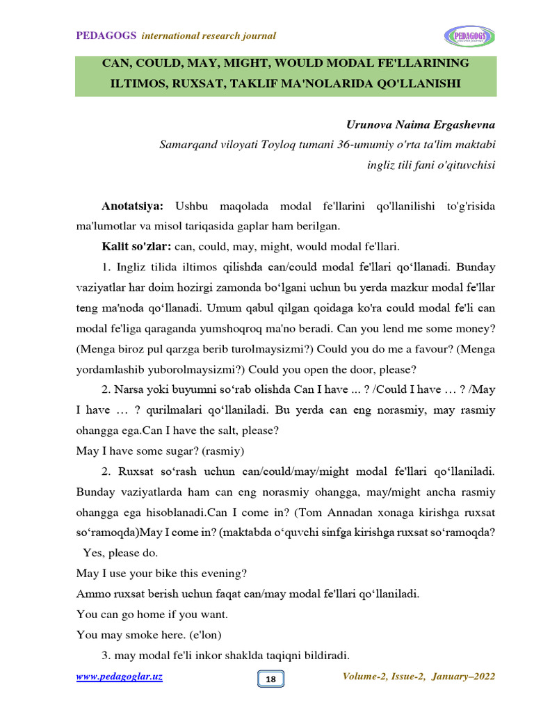 Can, Could, May, Might, Would Modal Fe'Llarining Iltimos, Ruxsat, Taklif Ma'Nolarida Qo'Llanishi ...