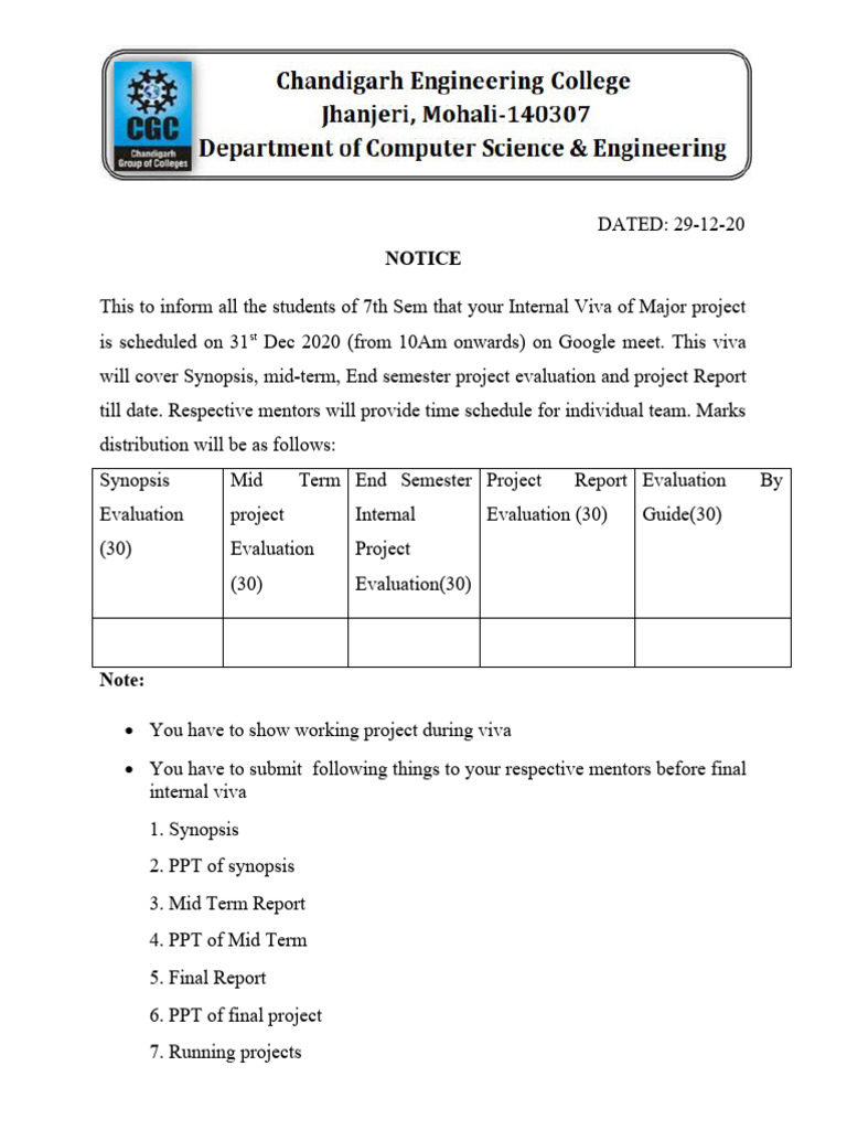 7th Sem Major Project Internal Viva Notice | PDF