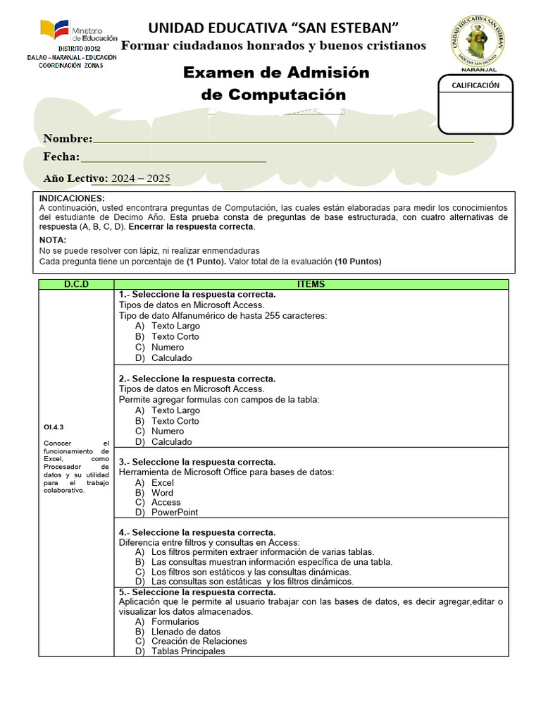 Evaluacion Computacion 10mo Admision | PDF | Informática