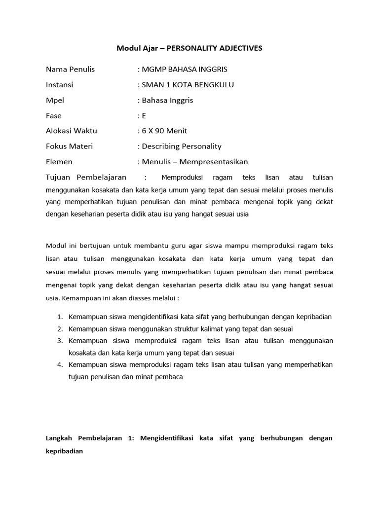 Modul Ajar Bahasa Inggris - PERSONALITY ADJECTIVES - Fase E | PDF