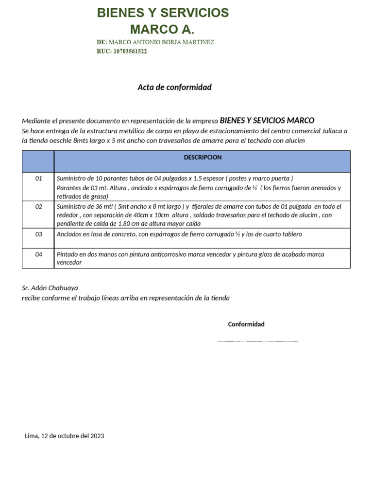 Acta Entrega Juliaca 0000000002 | PDF