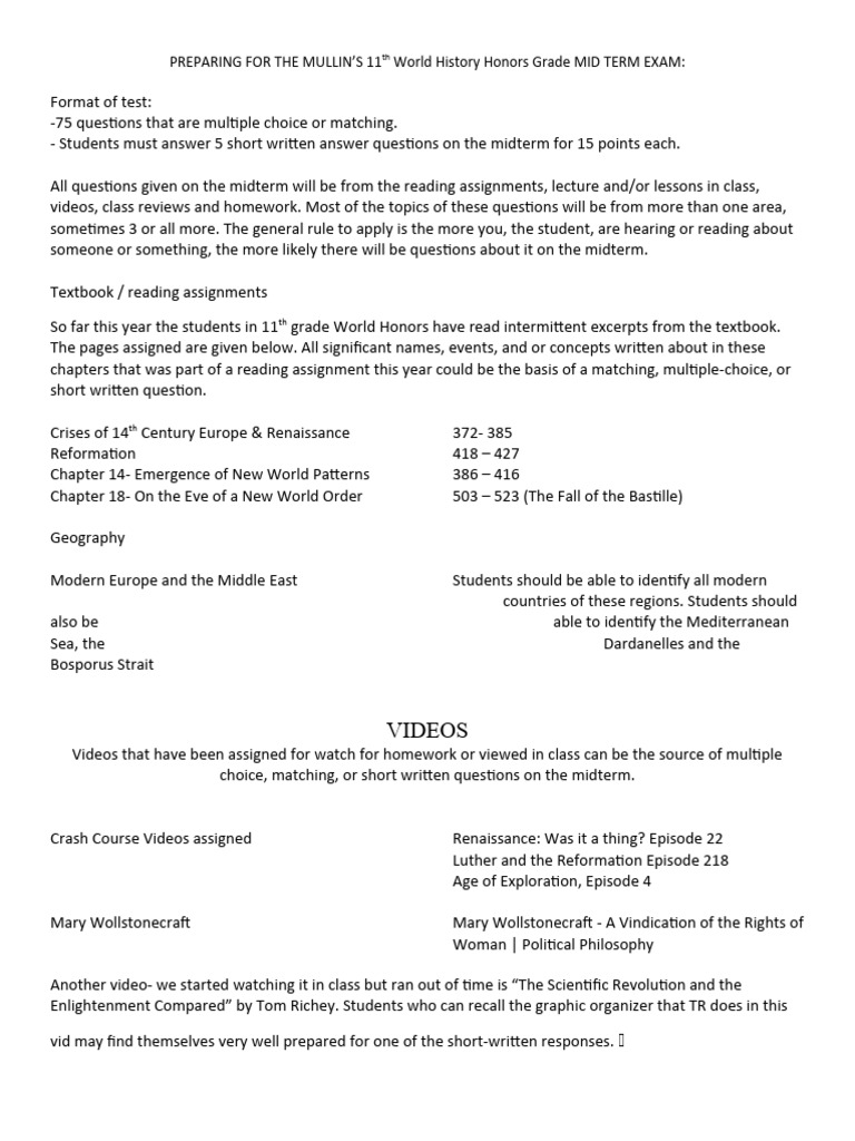 11 Grade Honors Midterm Study Guide | PDF