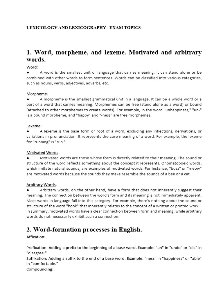 Lexicology and Lexicography Exam Topics | PDF | Idiom | Word