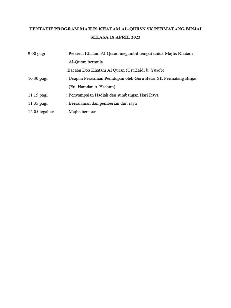 Tentatif Program Majlis Khatam Al | PDF
