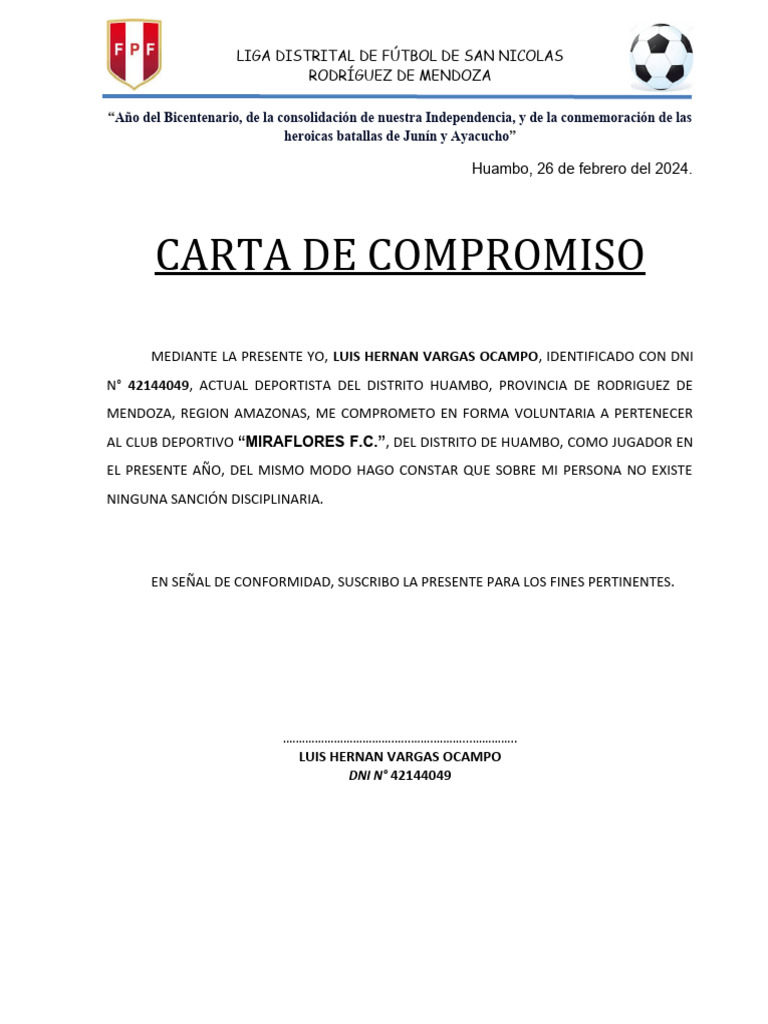 Carta de Compromiso para Liga de Fútbol | PDF