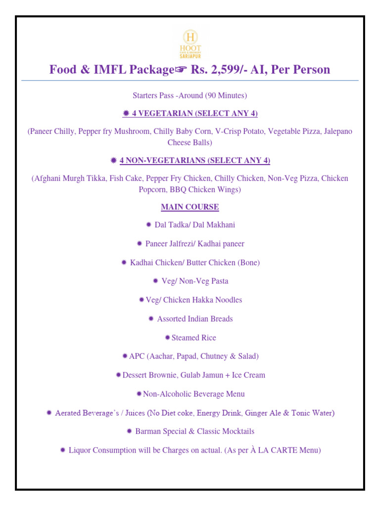 Imfl & Food Package 2599 Ai | PDF | Drink | Indian Cuisine