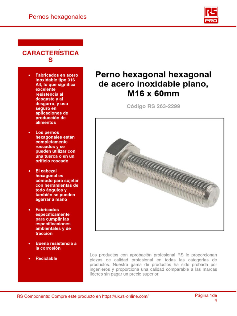 Perno Hexagonal Hexagonal de Acero Inoxidable Plano, M16 X 60mm | PDF | Tornillo | Acero