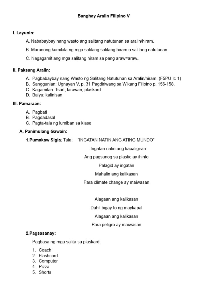 Banghay Aralin Filipino V | PDF