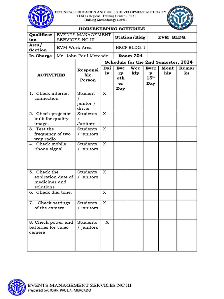 Form 1 Housekeeping Schedule | PDF