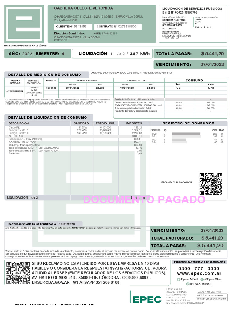 Documento Pagado: Total A Pagar: Bimestre: Año: Liquidación | PDF ...