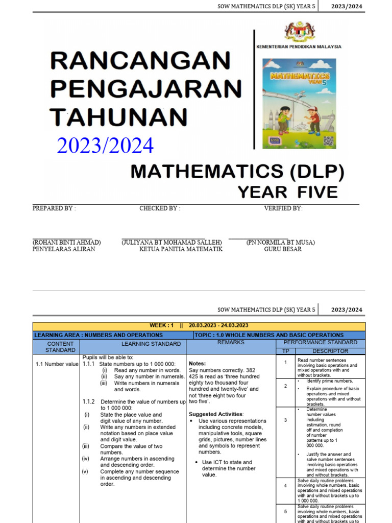 RPT Math DLP Year 5 2023 | PDF | Numbers | Decimal