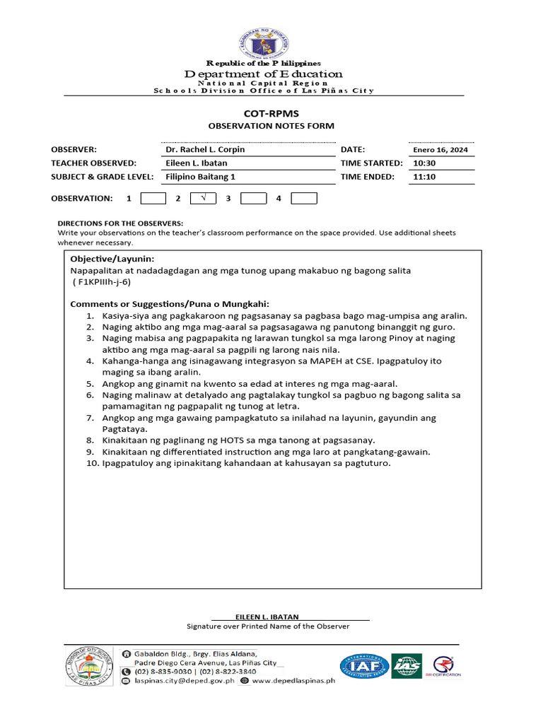 COT 2 Eileen Ibatan (Filipino) 2023-2024 | PDF