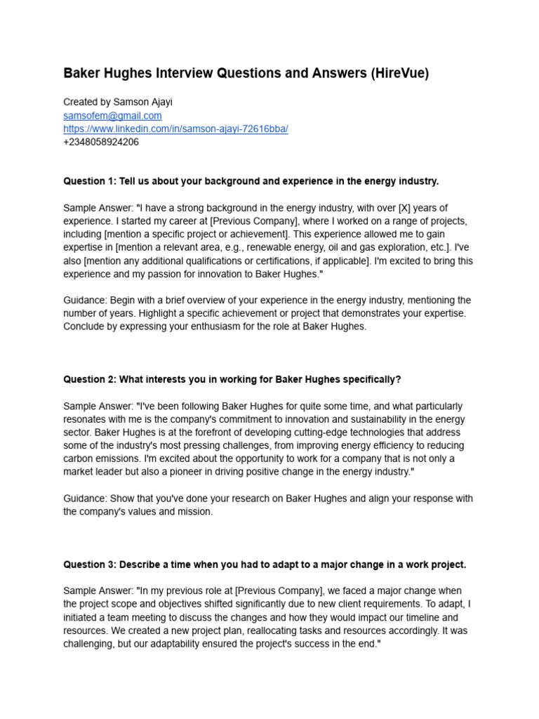 Baker Hughes Interview Questions and Answers (HireVue) | PDF ... Baker Hughes Interview Questions and Answers (HireVue) | PDF ...