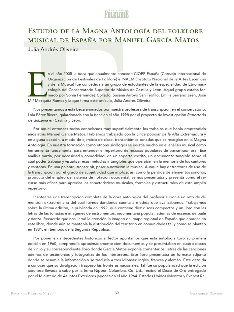 Estudio de La Magna Antologia Del Folklore Musical de Espana Por Manuel ...