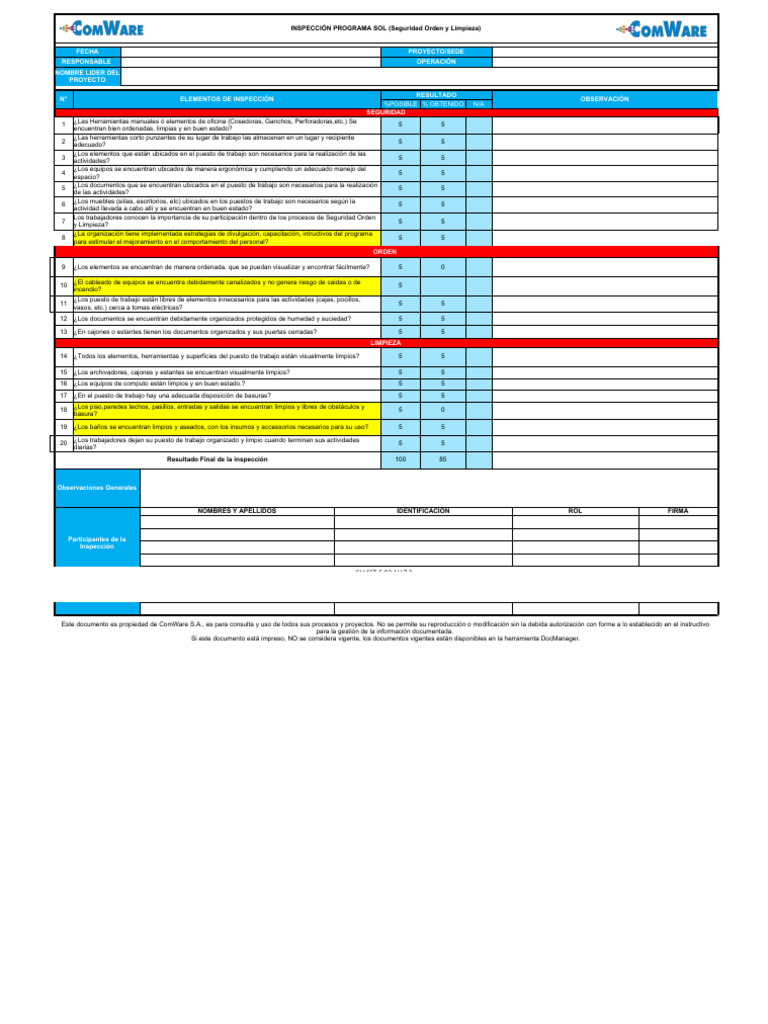 Formato Inspeccion Programa SOL | PDF