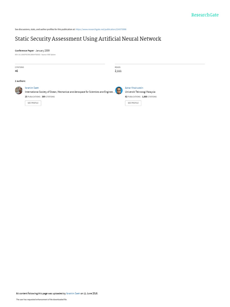 Static Security Assessment Using Artificialneuralnetworks | PDF