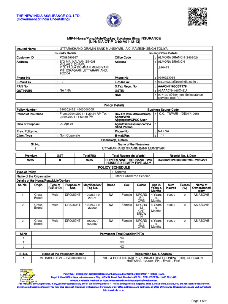 Livestock Insurance Policy Details | PDF