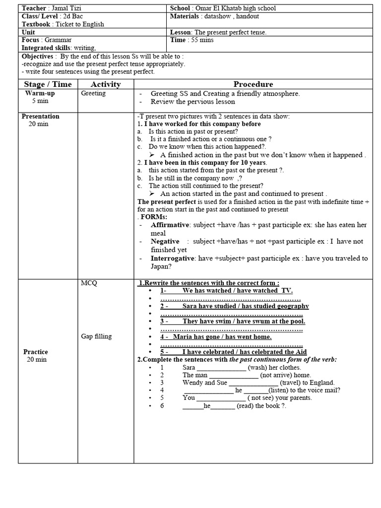 Lesson Plan - Grammar Present Perfect | Download Free PDF | Perfect ...