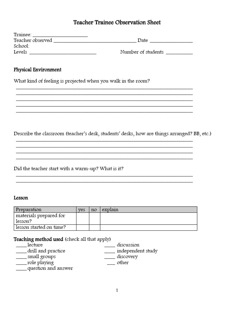 Teacher Observation Sheet Final | Download Free PDF | Teachers | Classroom