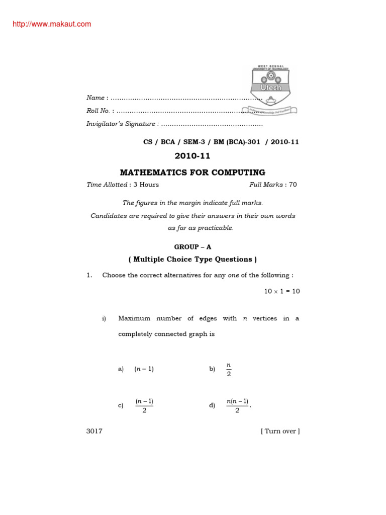 Bca BM 301 Mathematics For Computing 2010 | PDF