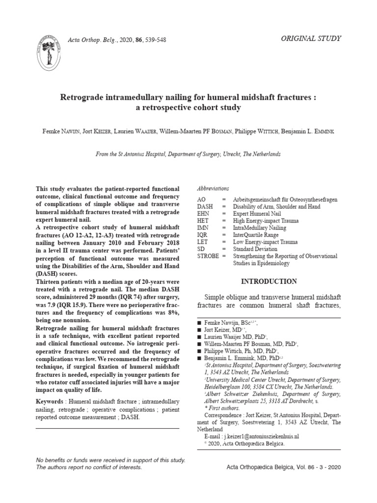 Retrograde Intramedullary Nailing For Humeral Midshaft Fractures: A ... Retrograde Intramedullary Nailing For Humeral Midshaft Fractures: A ...