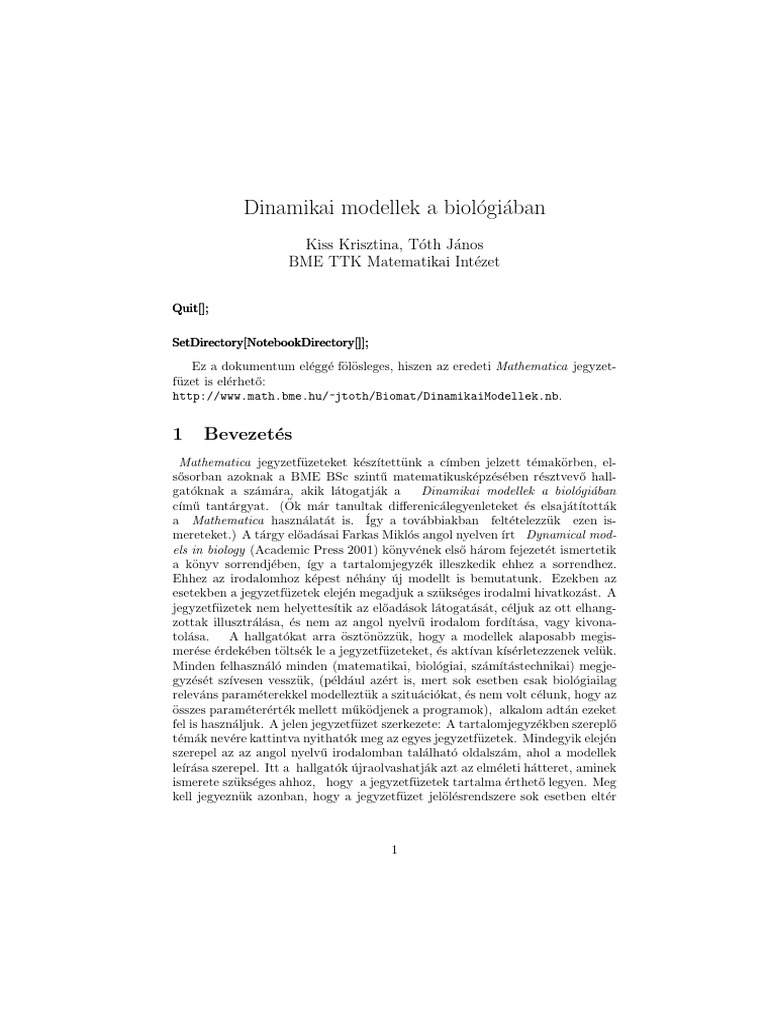 Dinamikai Modellek A Biol Ogi Aban: 1 Bevezet Es | PDF