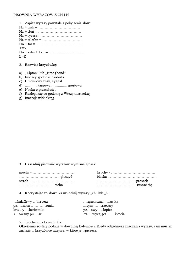 Pisownia Wyrazów Z CH I H | PDF