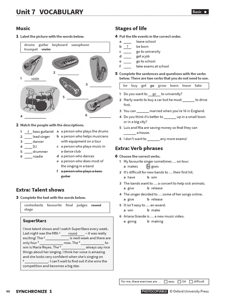 Synchronize1 TRB Worksheets Unit 7 Basic Vocabulary | PDF | Performing Arts