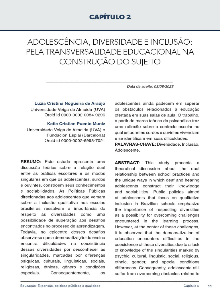 Adolescencia Diversidade e Inclusao Pela Transversalidade Educacional ...