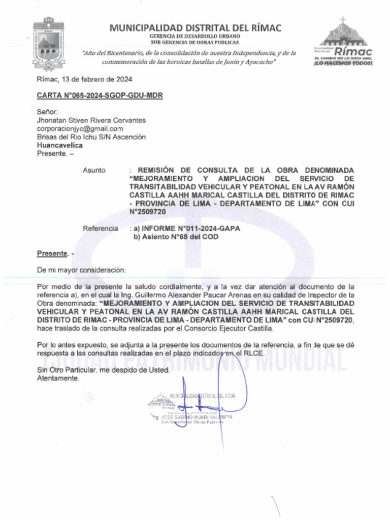 Carta N°065-2024-Sgop-Gdu-Mdr | PDF