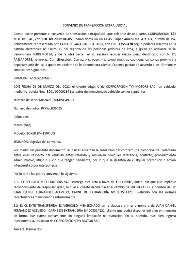 Convenio de Transaccion Extrajudicial | PDF | Justicia | Crimen y violencia