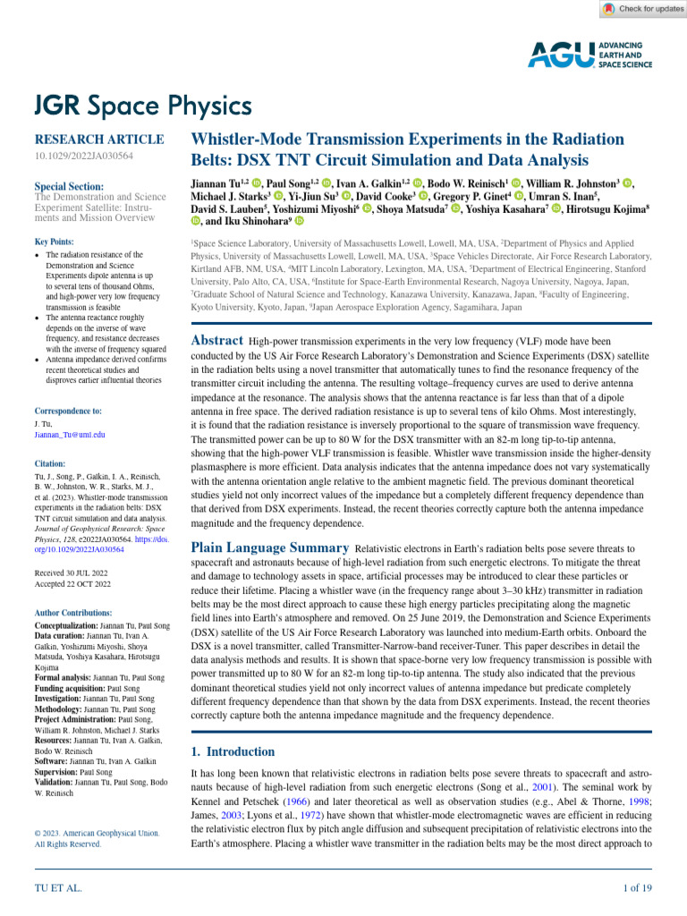 JGR Space Physics - 2023 - Tu - Whistler Mode Transmission Experiments ...