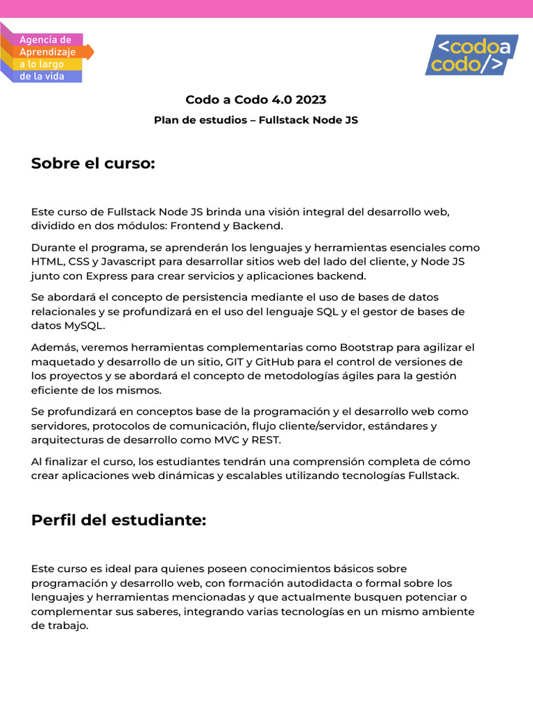 Plan de Estudios FS Node JS - CAC 4.0 - 2023 | PDF