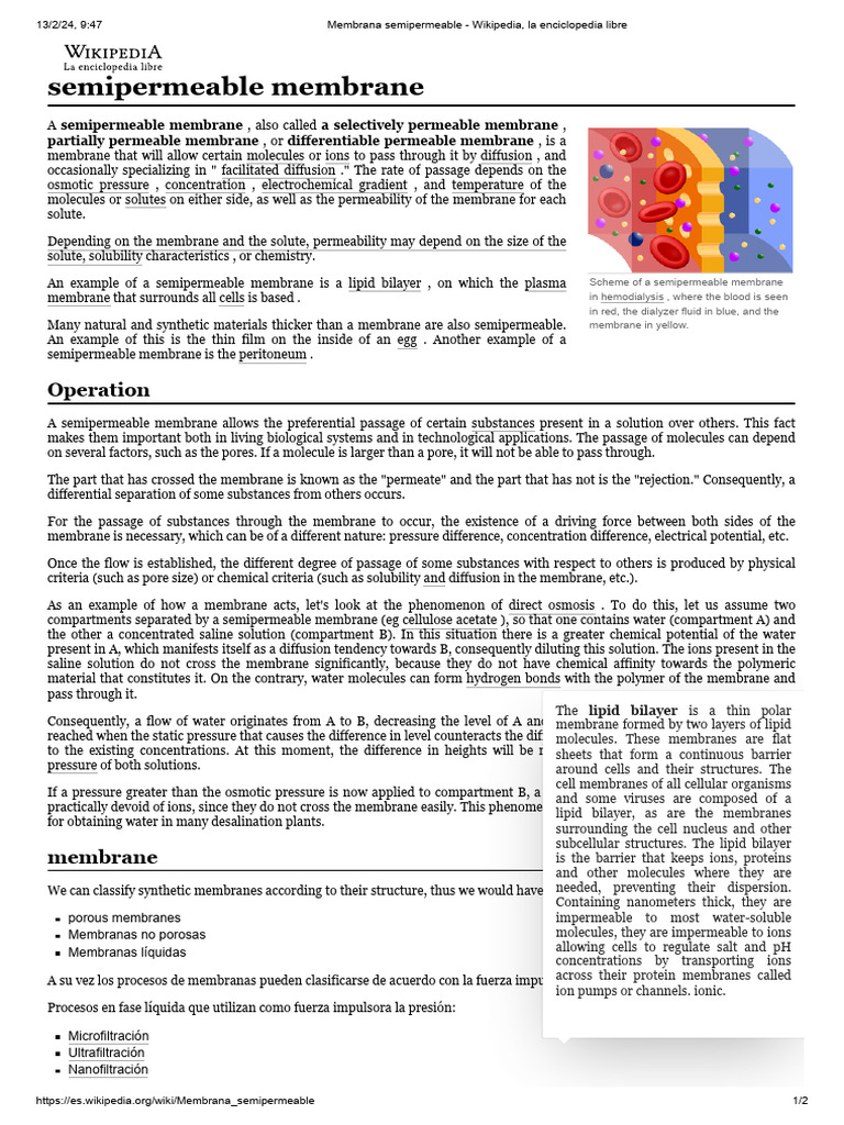 Membrana Semipermeable - Wikipedia, La Enciclopedia Libre | PDF