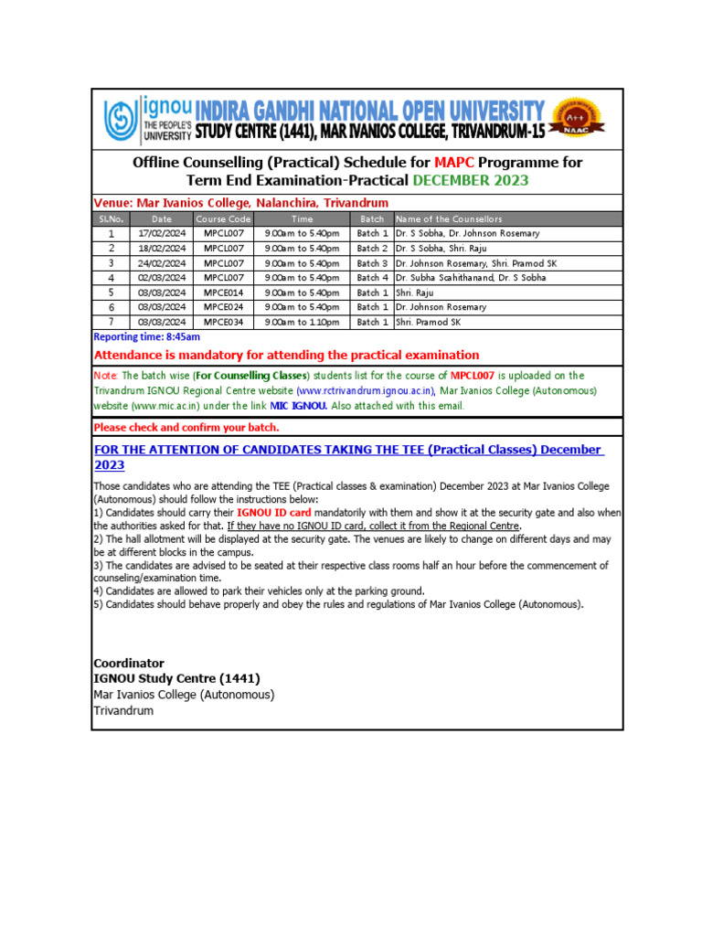 MAPC - Practical Counseling Schedule TEE December 2023 - Final | PDF