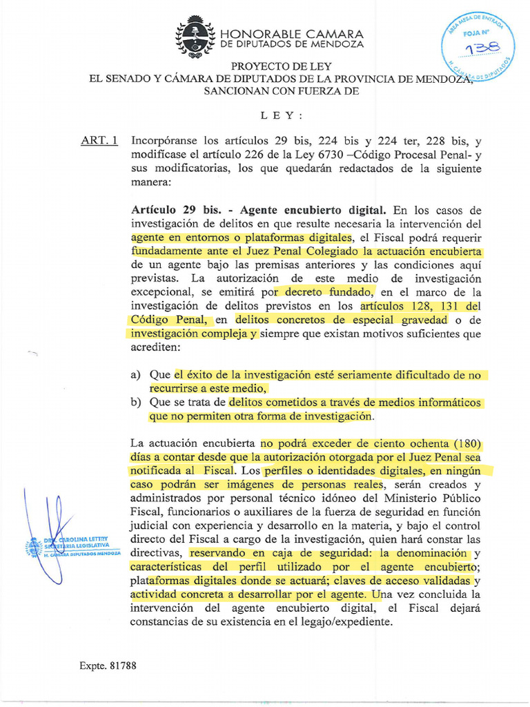 Proyecto de Ley Agente Encubierto Digital | PDF