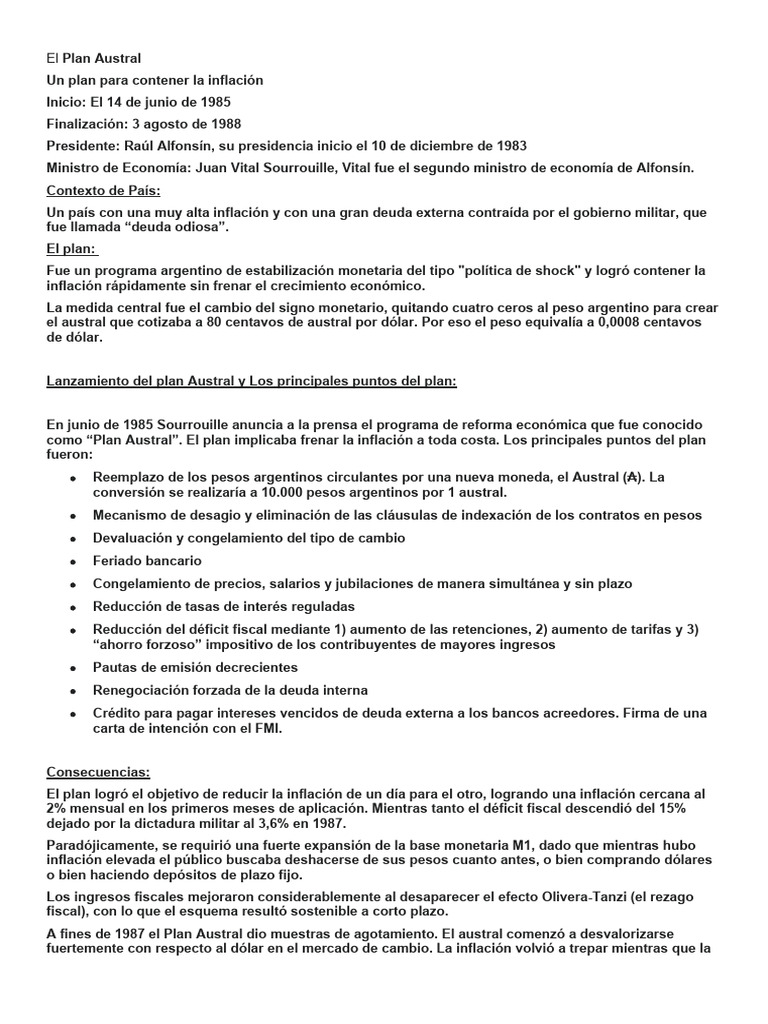 Plan Austral: Estrategia Antiinflacionaria 1985-1988 | PDF | Economía ...