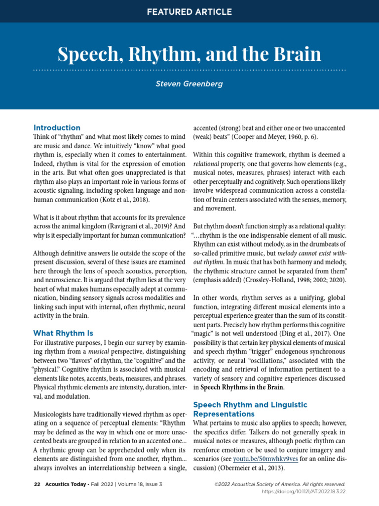 Speech Rhythm and The Brain Steven Greenberg 1 | PDF | Rhythm | Syllable
