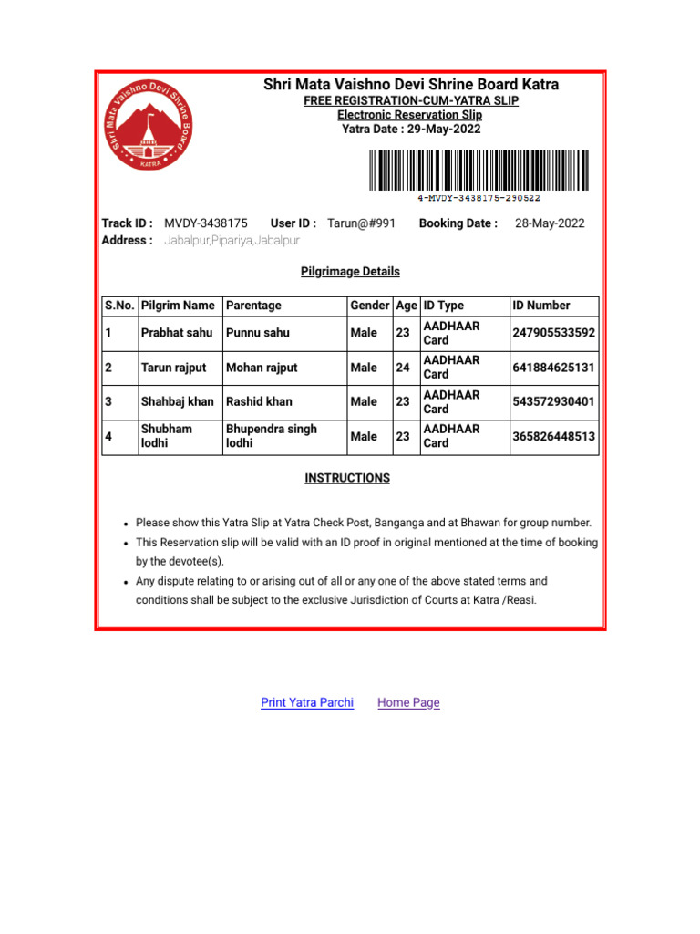 Free Yatra Registration Slip Katra | PDF