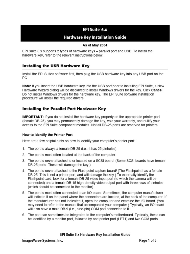 EPI Suite Hardware Key Installation Guide | PDF