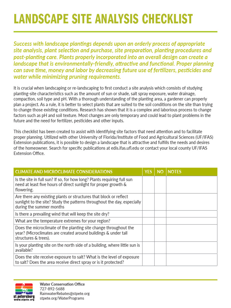 Landscape Site Analysis Checklist | PDF | Soil | Lawn