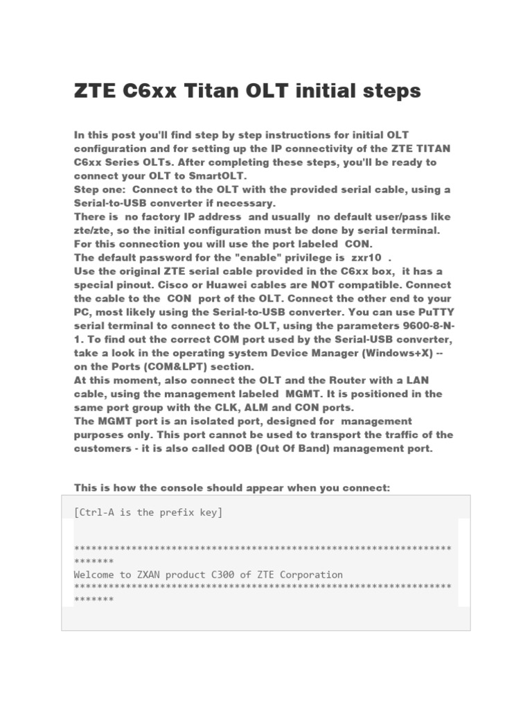 Configuracion Serial c600 Zte Olt | PDF