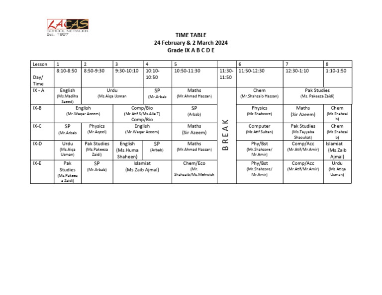 Timetable Grade IX 02 March 2024 | PDF