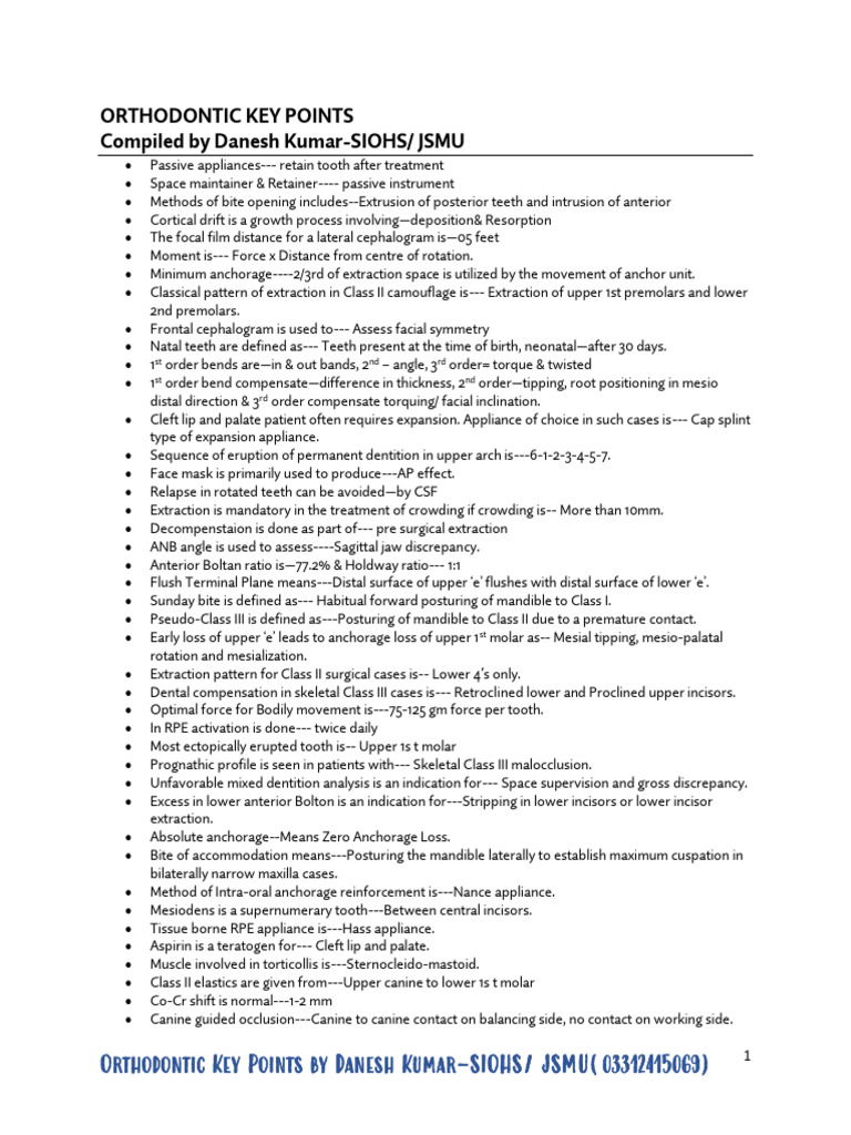 Orthodontics Key Points by Danesh | PDF | Orthodontics | Tooth