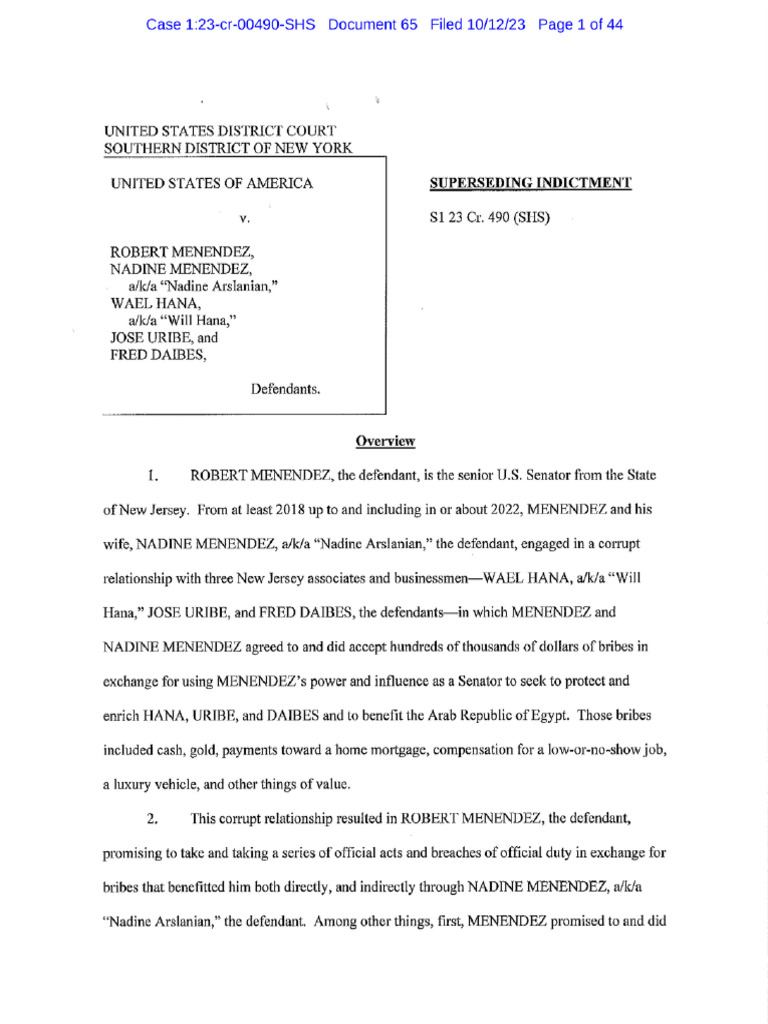 Superseding Indictment, United States v. Menendez, Et. Al., No. 23-Cr ...