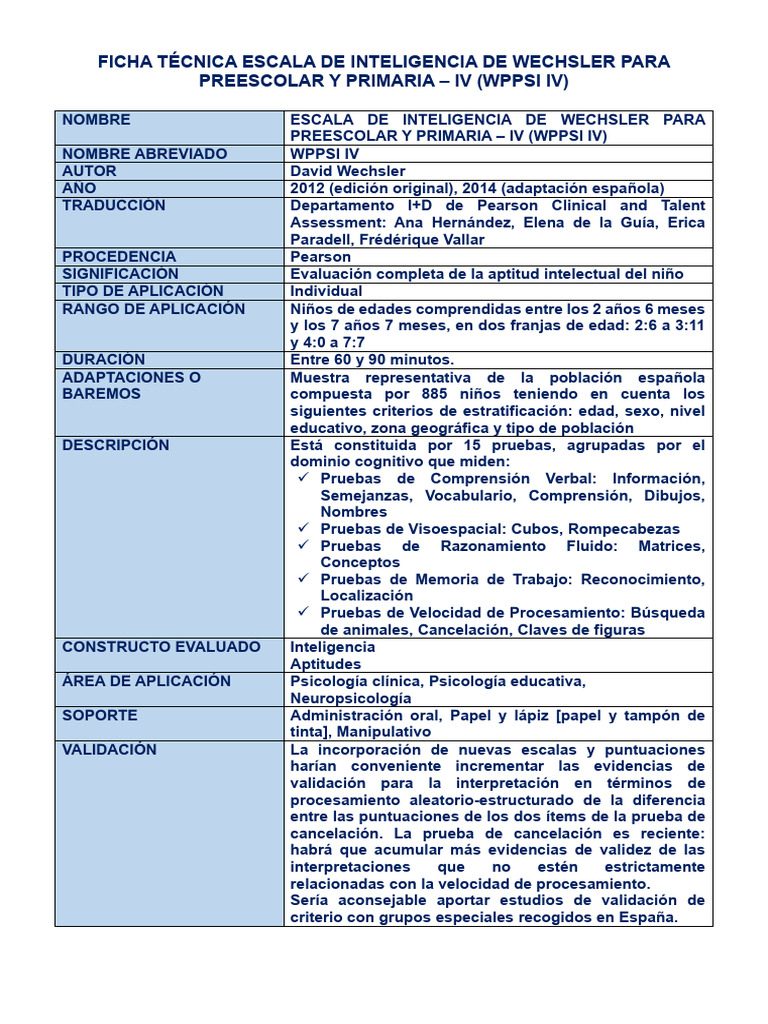 Ficha Técnica Wppsi Iv | PDF