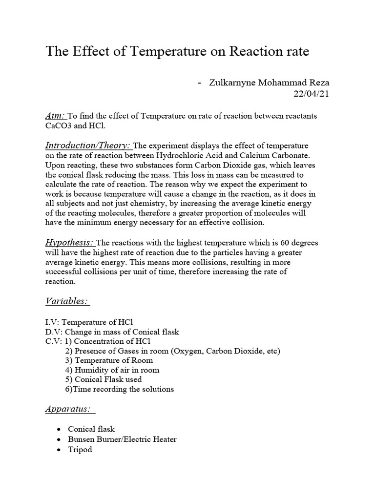 Effect of Temperature On Reaction Rate Lab Report | PDF | Teaching ...
