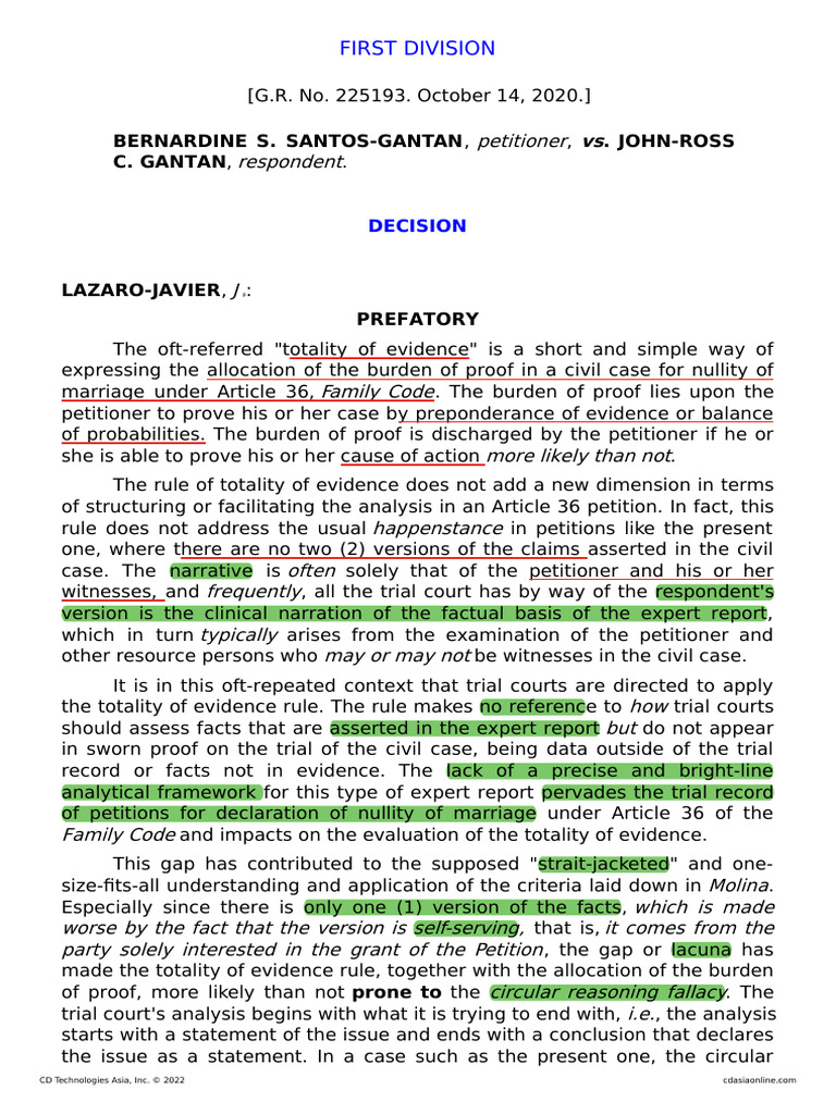 G.R. No. 225193 - Santos-Gantan v. Gantan | PDF | Burden Of Proof (Law ...