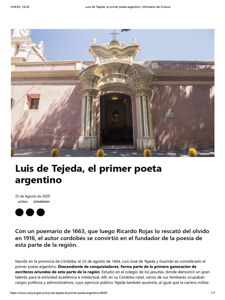 Luis de Tejeda, El Primer Poeta Argentino - Ministerio de Cultura | PDF